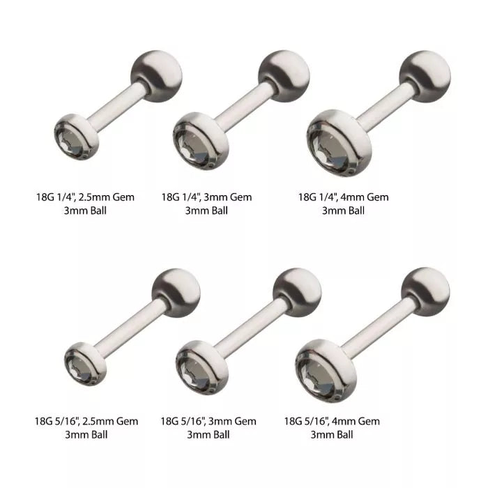 18G Internally Externally Threaded Cartilage Barbell with Bezel Set Cl ...